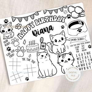 Printable Cat Activity Sheet, Cat Theme Placemats, Personalized Cat ...
