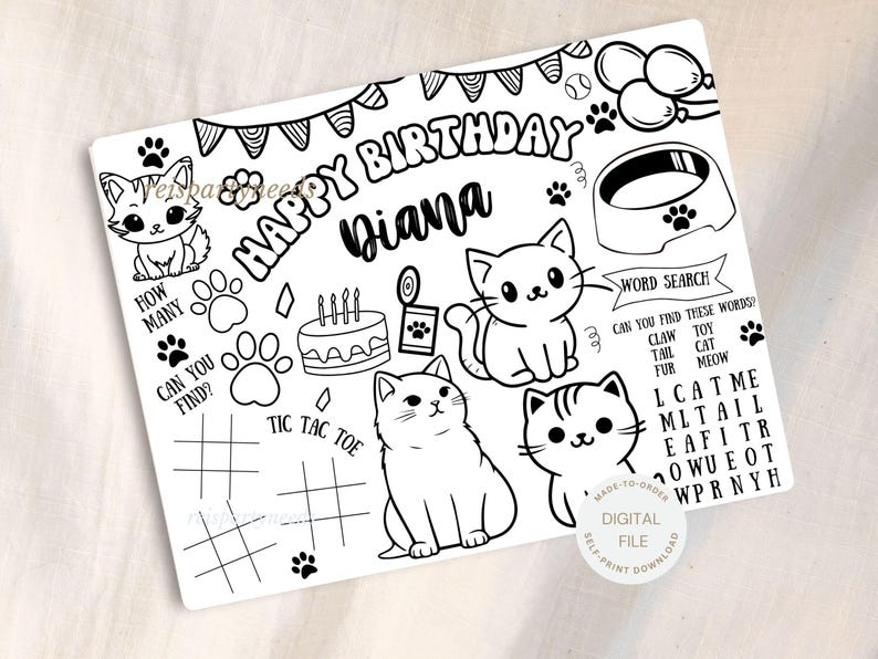Printable Cat Activity Sheet, Cat Theme Placemats, Personalized Cat ...