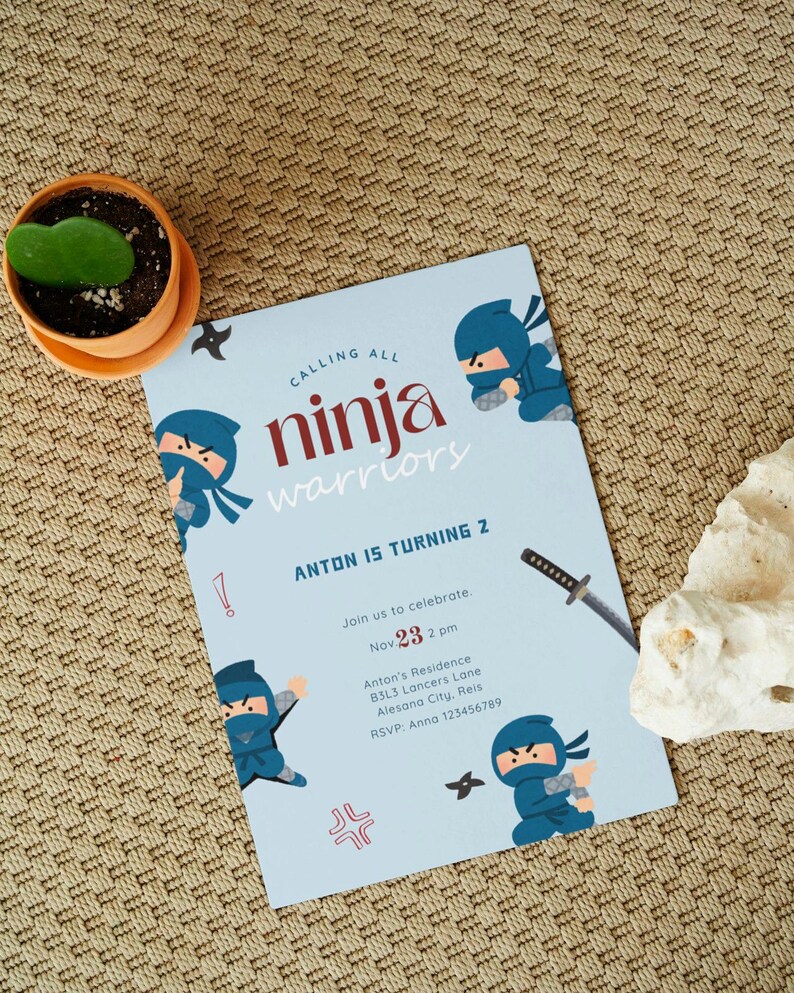 Editable Ninja Invitation Warrior Party Digital Invite Kids Birthday ...