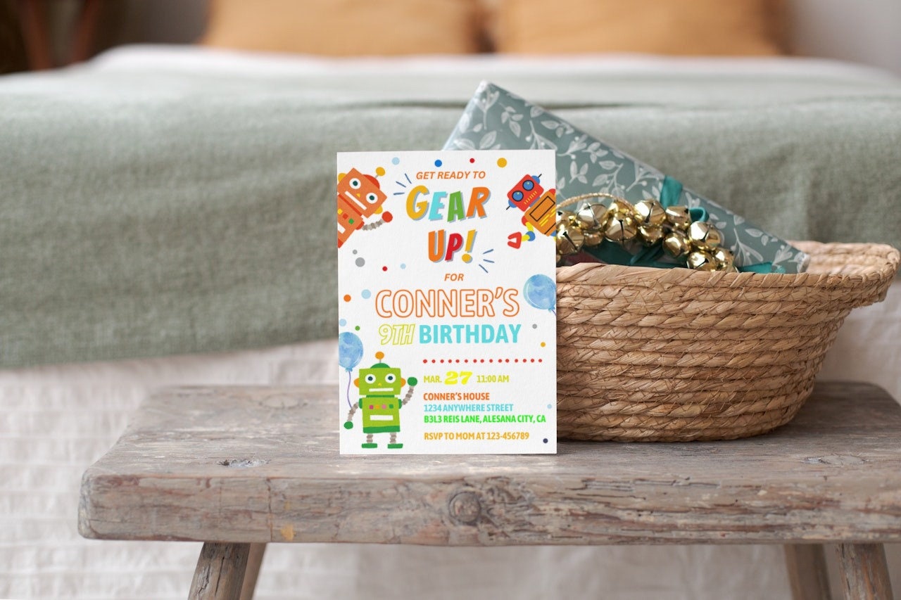 Robot Birthday Party Invitation, Robot Gears Birthday Party Invitation ...