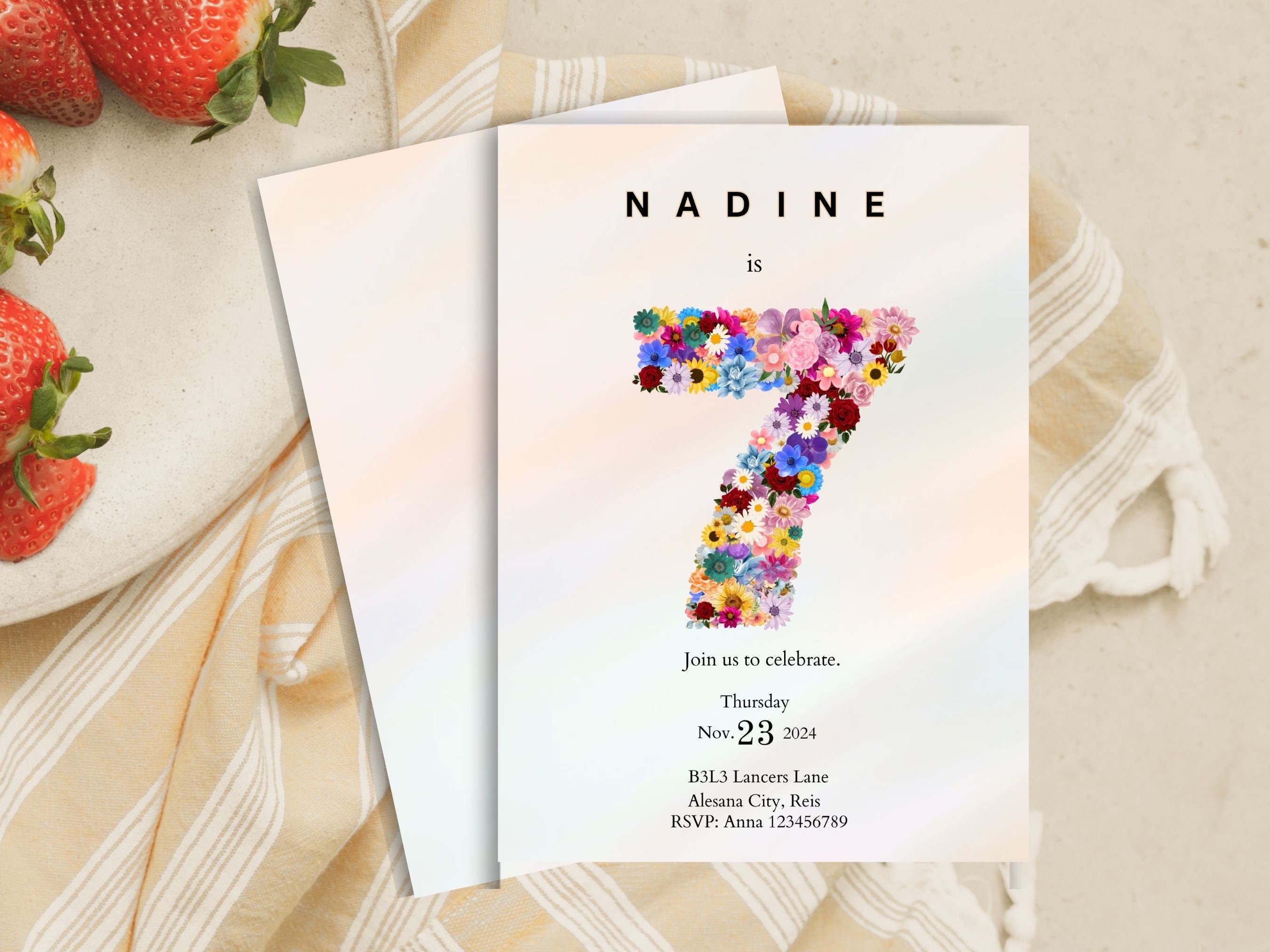 Minimal 7th Birthday Invite, Girl Editable Blush Pink, Girl Seventh ...