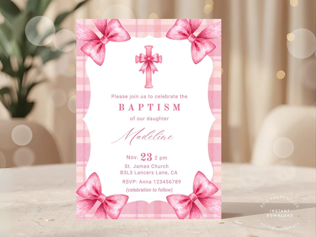 Pink Bow Baptism Invitation Template, Girl Christening Invite, Editable ...