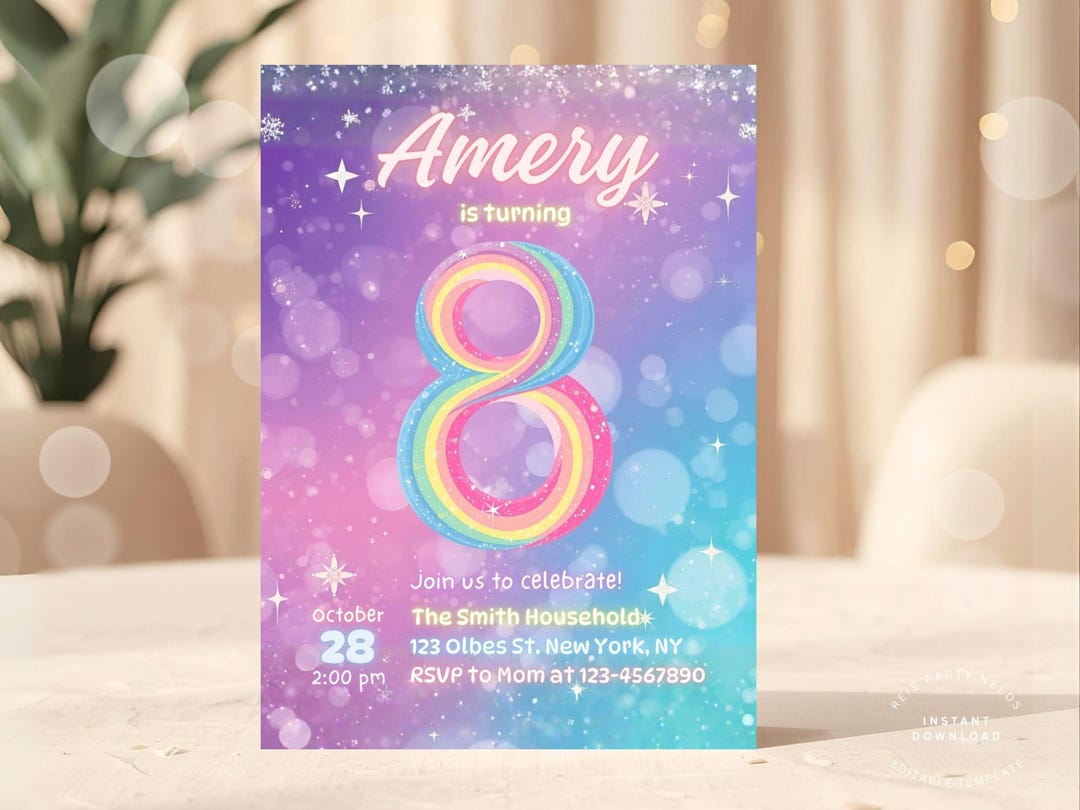 Editable 8th Birthday Invitation, Girl 8th Birthday Party Invite ...