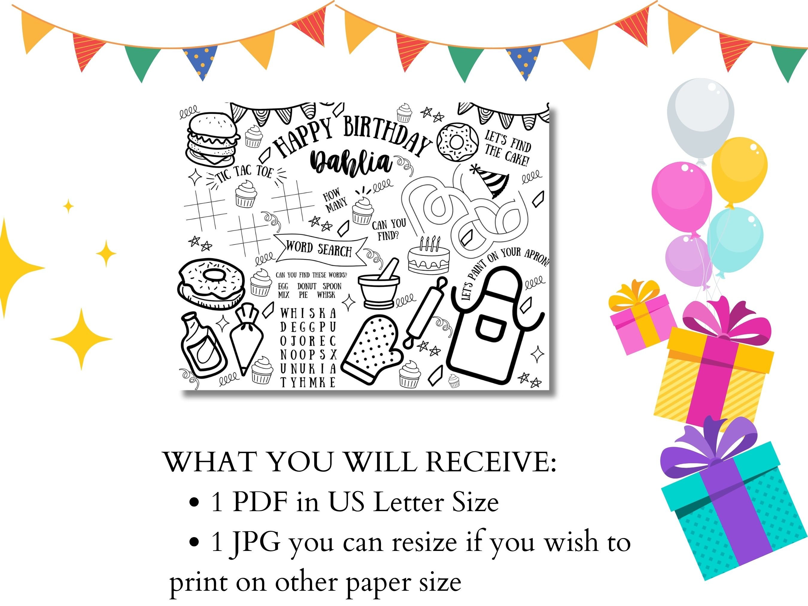 Cooking Party Coloring Placemat Cooking Birthday Personalized Digital ...