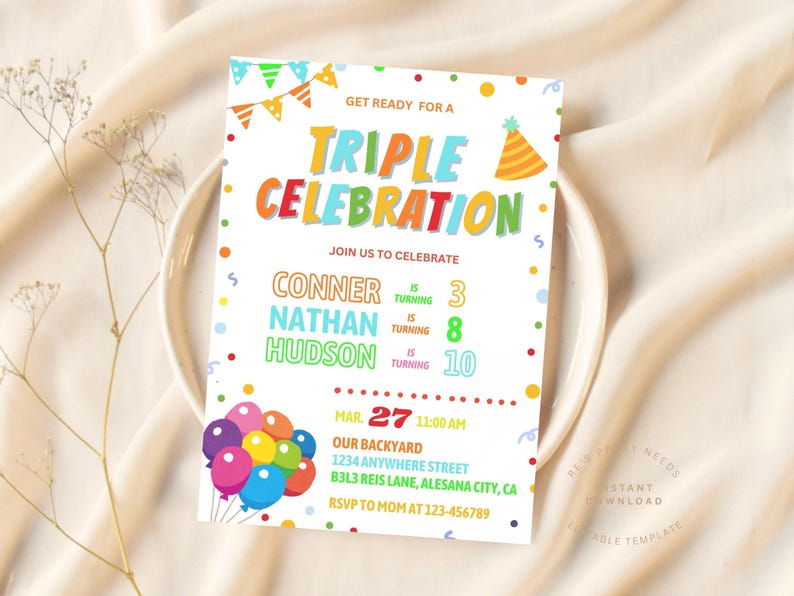 TRIPLE CELEBRATION Birthday Invitatio, Three Kids Birthday Invitation ...
