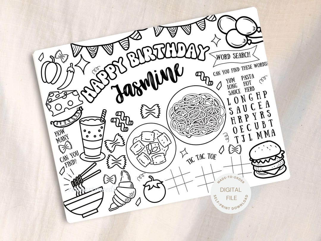 Printable Spaghetti Coloring Placemat, Pasta Party, Personalized ...
