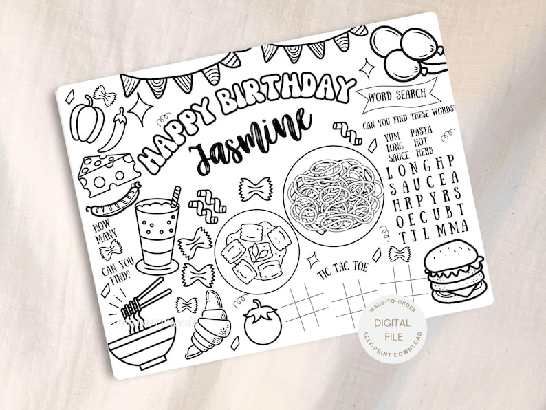 Printable Spaghetti Coloring Placemat, Pasta Party, Personalized ...