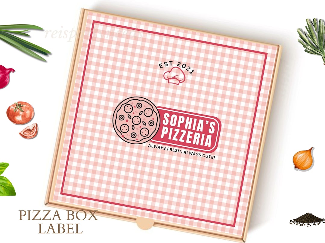 Editable Pink Gingham Minimalist Pizza Box Label Template, Pink Pizza ...
