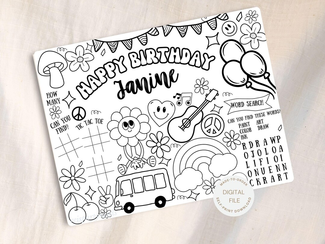 Personalized Groovy Coloring Pages, Retro Birthday Party Coloring ...