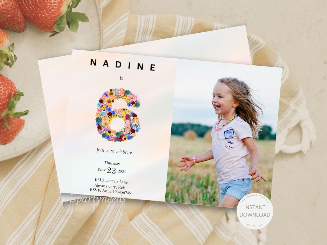6th Birthday Invitation Photo Girl Party 6 Year Old Editable Minimalist ...