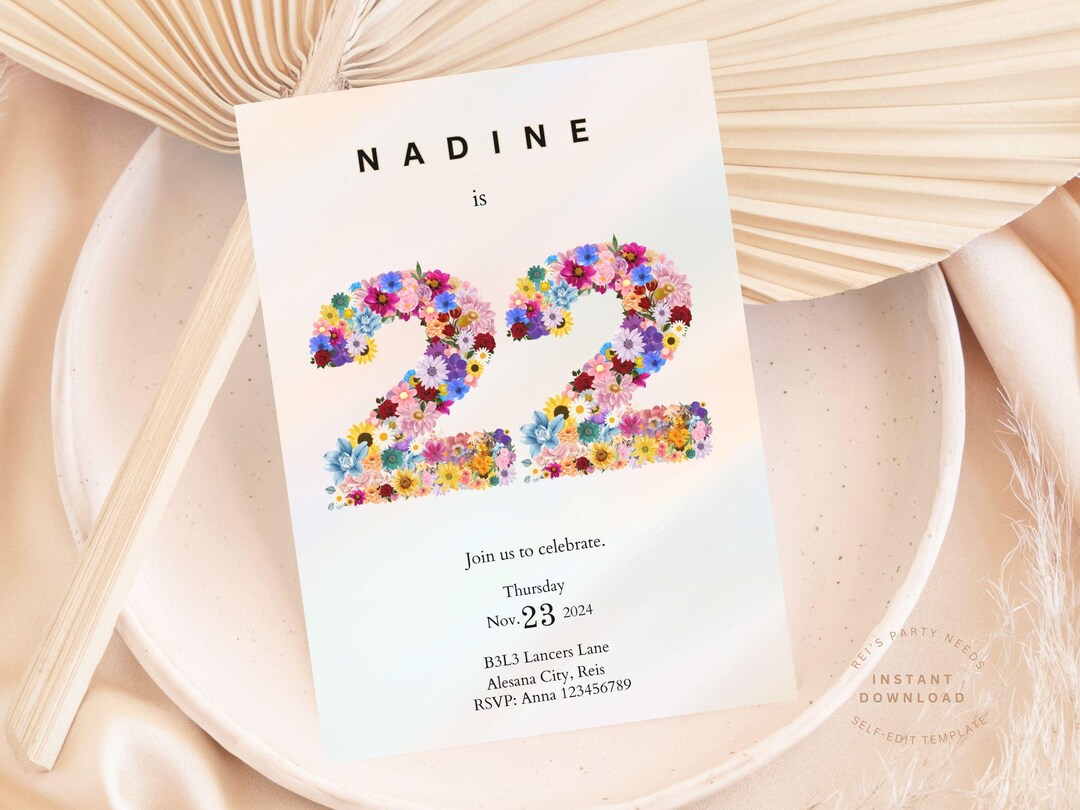 Modern Minimalist 22nd Birthday Invitation Template, Floral Party ...