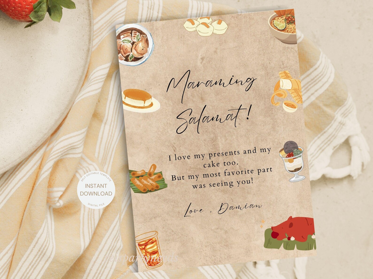 Filipino Birthday Thank You Card, Filipino Foods Printable Card ...
