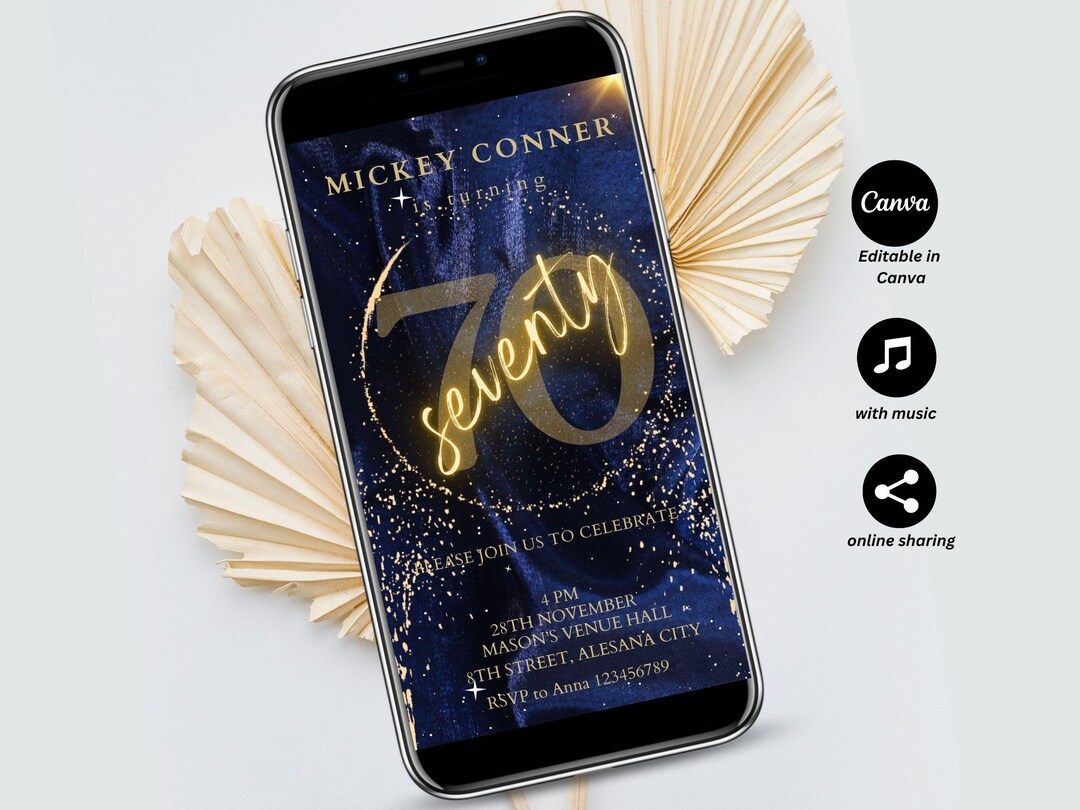 70th Birthday Digital Invitation for Men Navy and Gold Editable ...