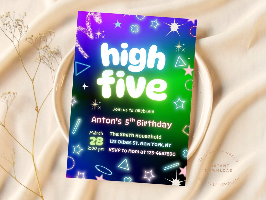 Editable High Five Birthday Party Invitation Neon Glow High Five Hi ...