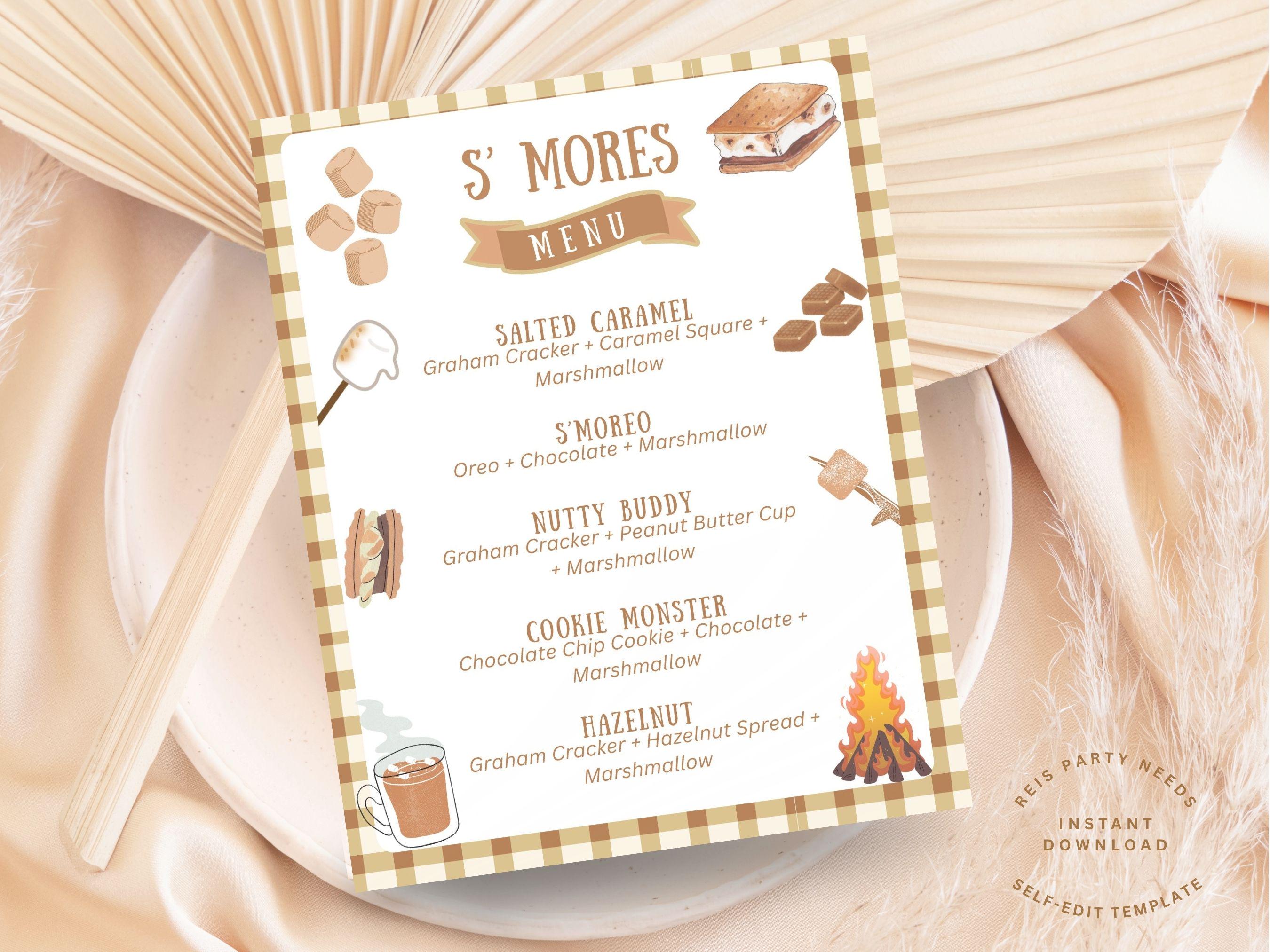 Editable Gingham Smore Bar Menu Sign Template Smore Bar Menu Station ...