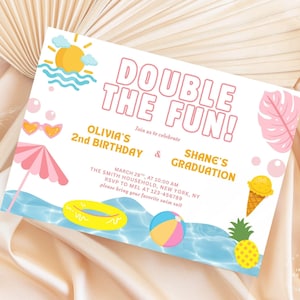 Girls Double Celebration, Editable Splish Splash Invitation, Beach ...