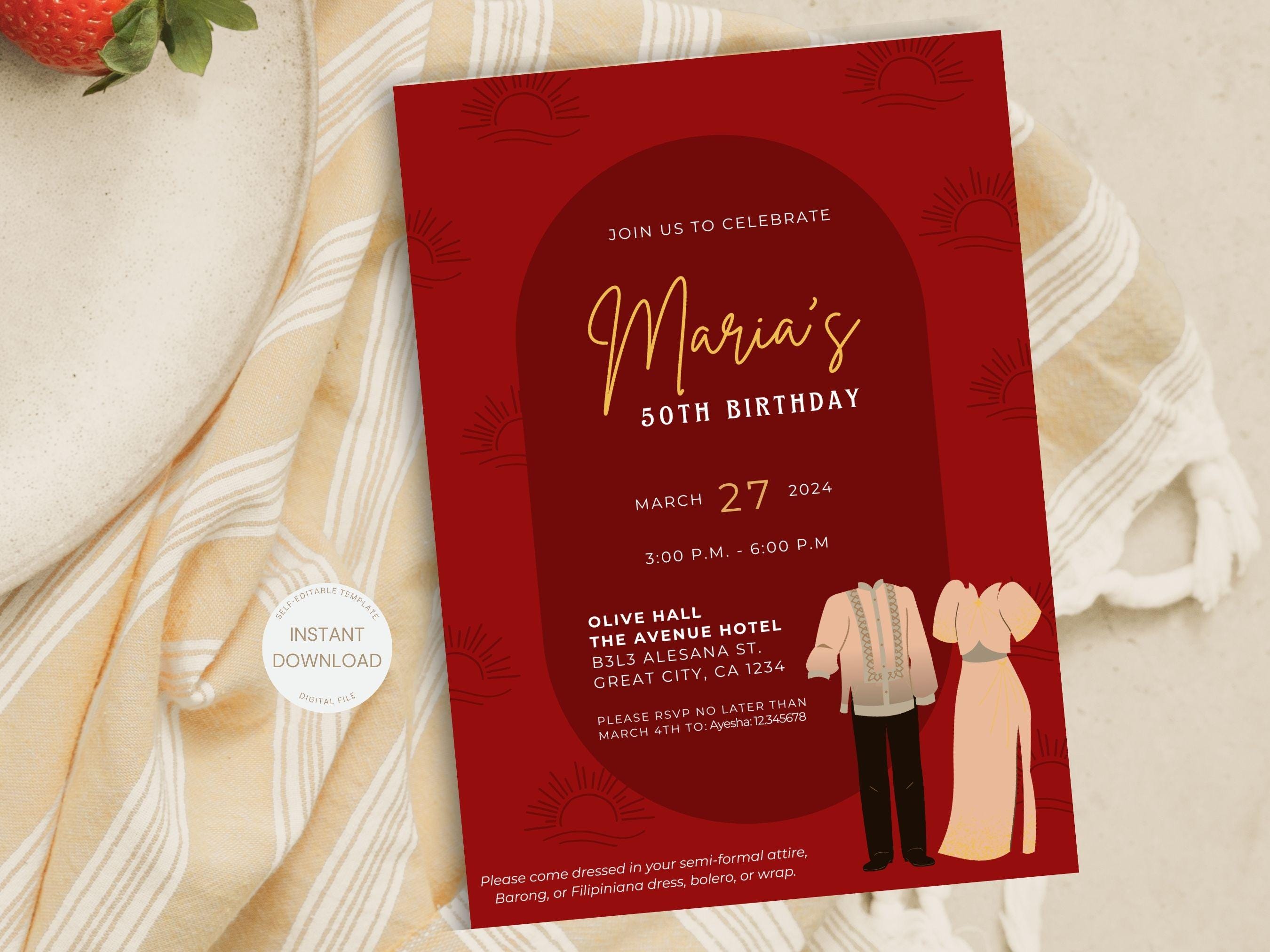 Filipino Party Invitation, Modern Filipiniana Birthday Invitation ...