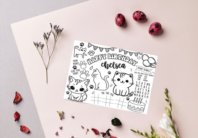 Personalized Cat Activity Sheet, Cat Theme Placemats, Cat Coloring Page ...