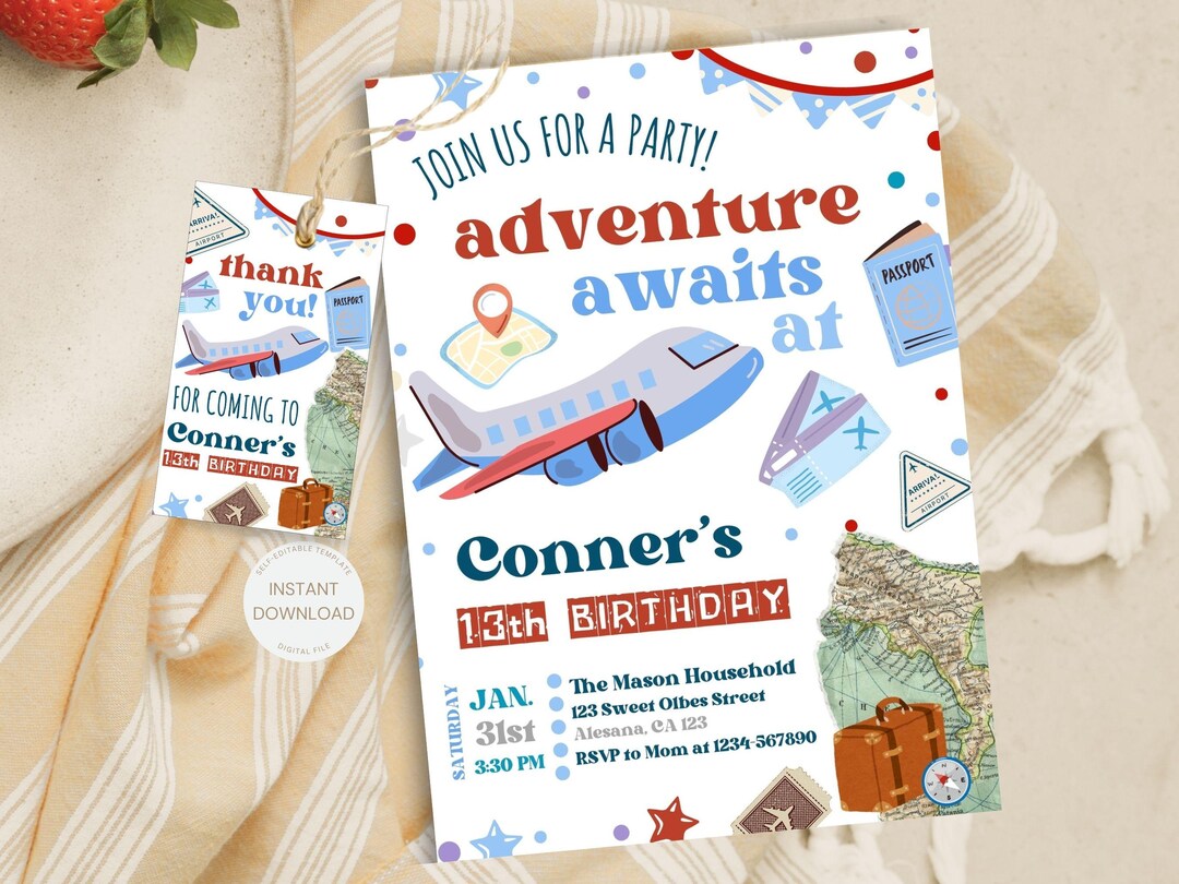 Travel Birthday Invitation, Editable Around the World, Adventurer ...