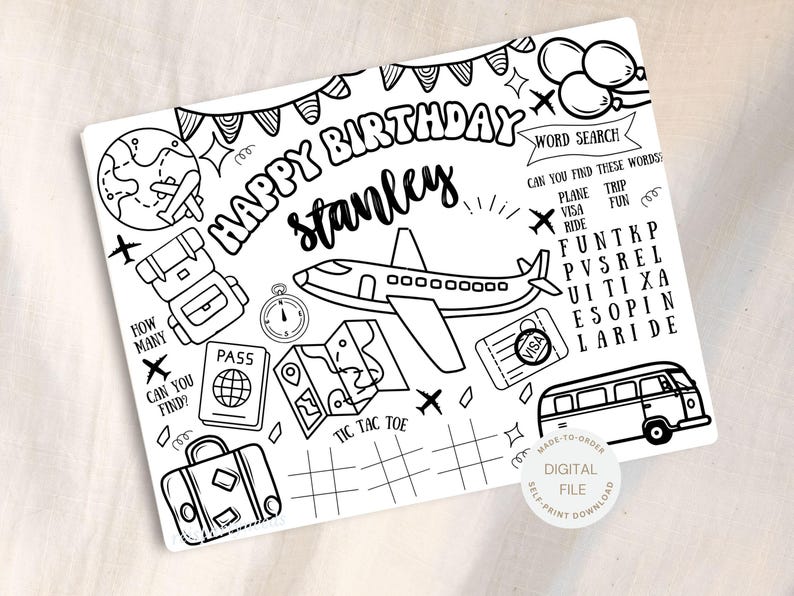 Personalized Printable Travel Coloring Placemat, Travel Birthday ...
