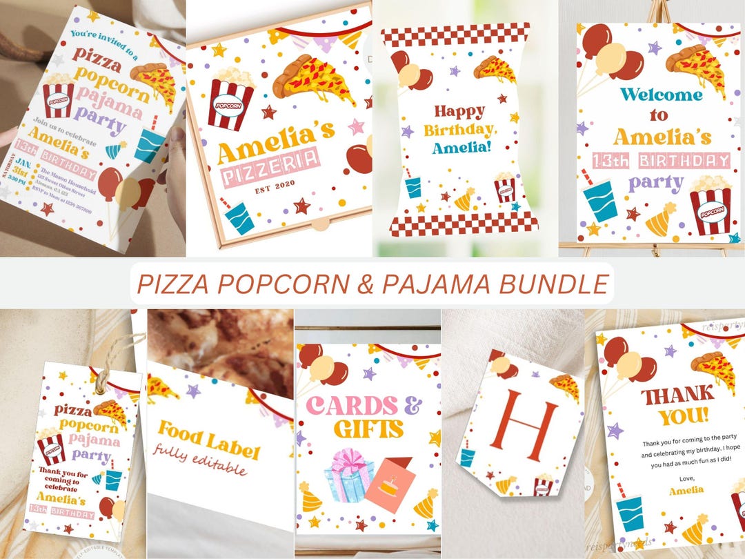 Pizza Popcorn and Pajamas Birthday Party Bundle, Editable Sleepover ...