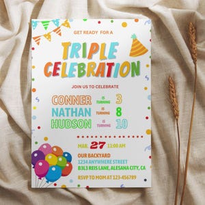 TRIPLE CELEBRATION Birthday Invitatio, Three Kids Birthday Invitation ...