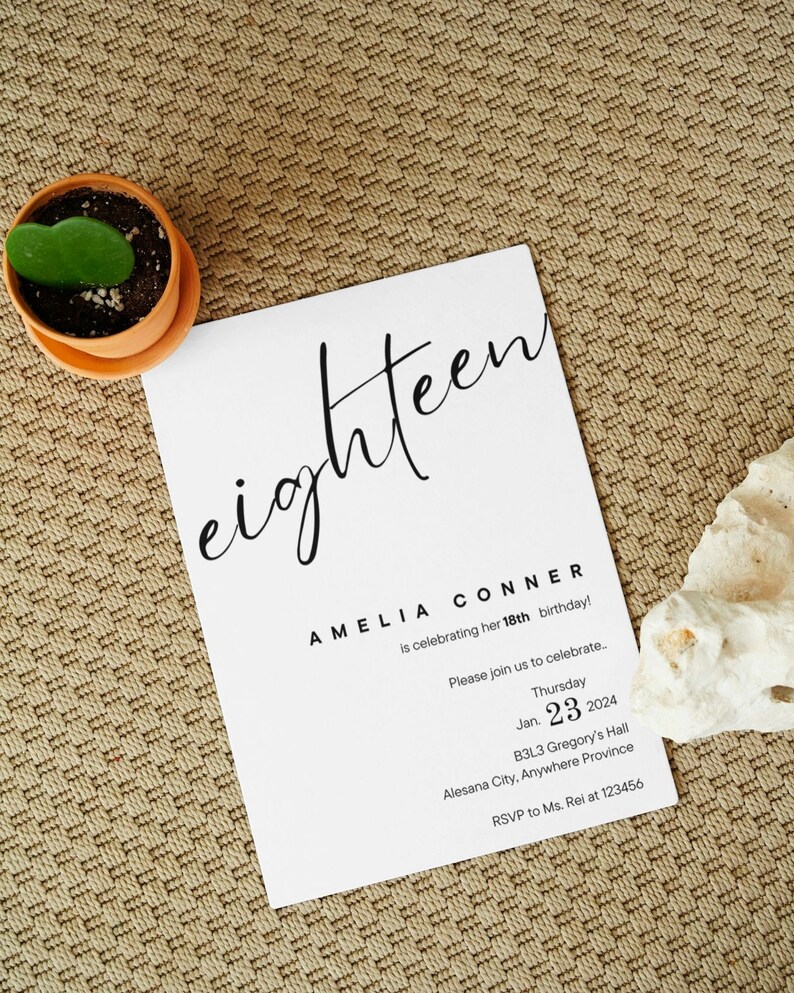 Editable 18th Birthday Invitation Template, Minimalist Debut Birthday ...