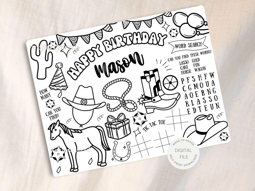 Custom Rodeo Birthday Coloring Page Personalized Editable Cowboy ...
