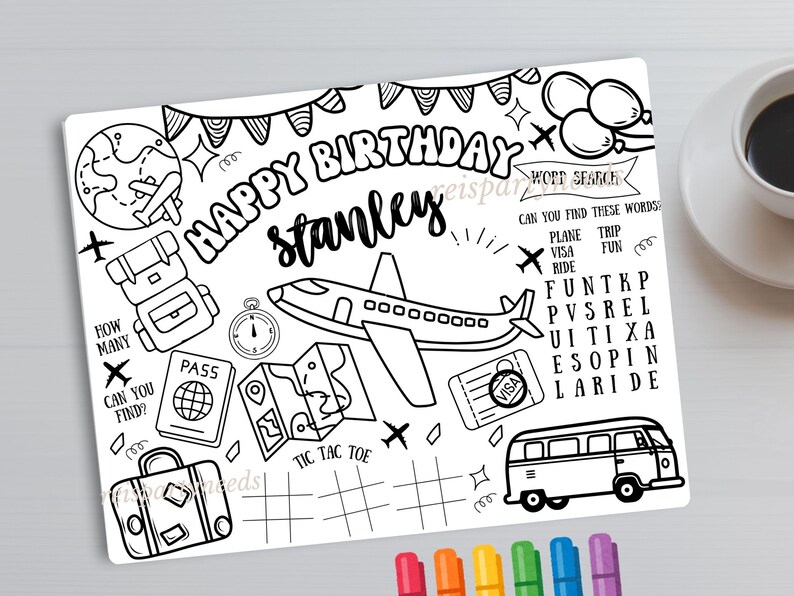 Personalized Printable Travel Coloring Placemat, Travel Birthday ...