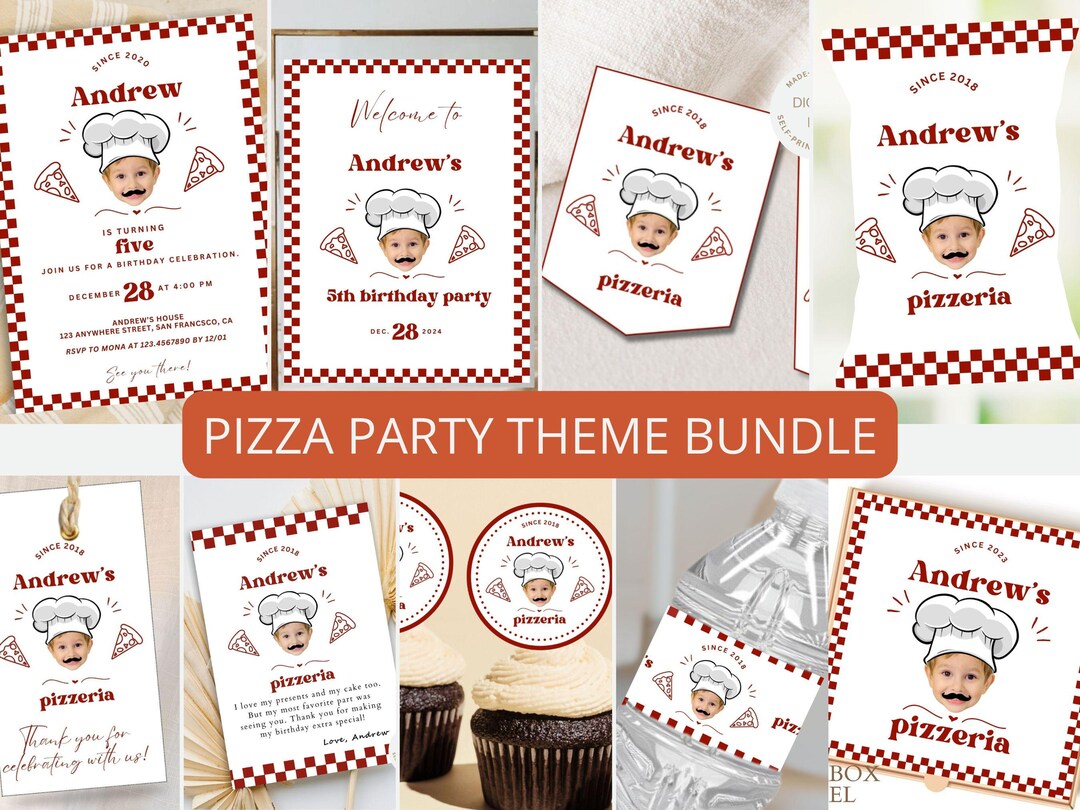 Custom Pizza Birthday Invitation Bundle, Pizza Birthday Party Decor Kit ...