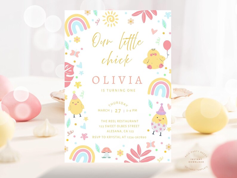Editable Pastel Chicken Birthday Party Invitation This Chick is Turning ...