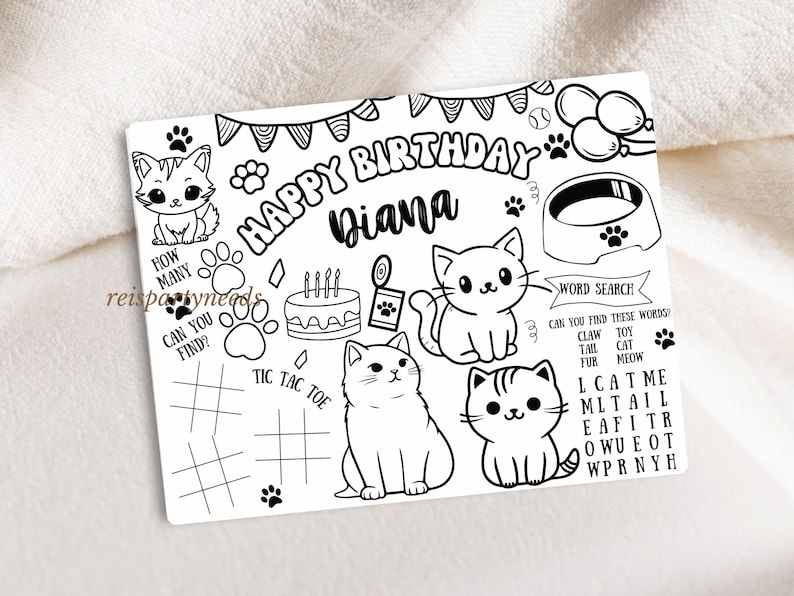 Printable Cat Activity Sheet, Cat Theme Placemats, Personalized Cat ...