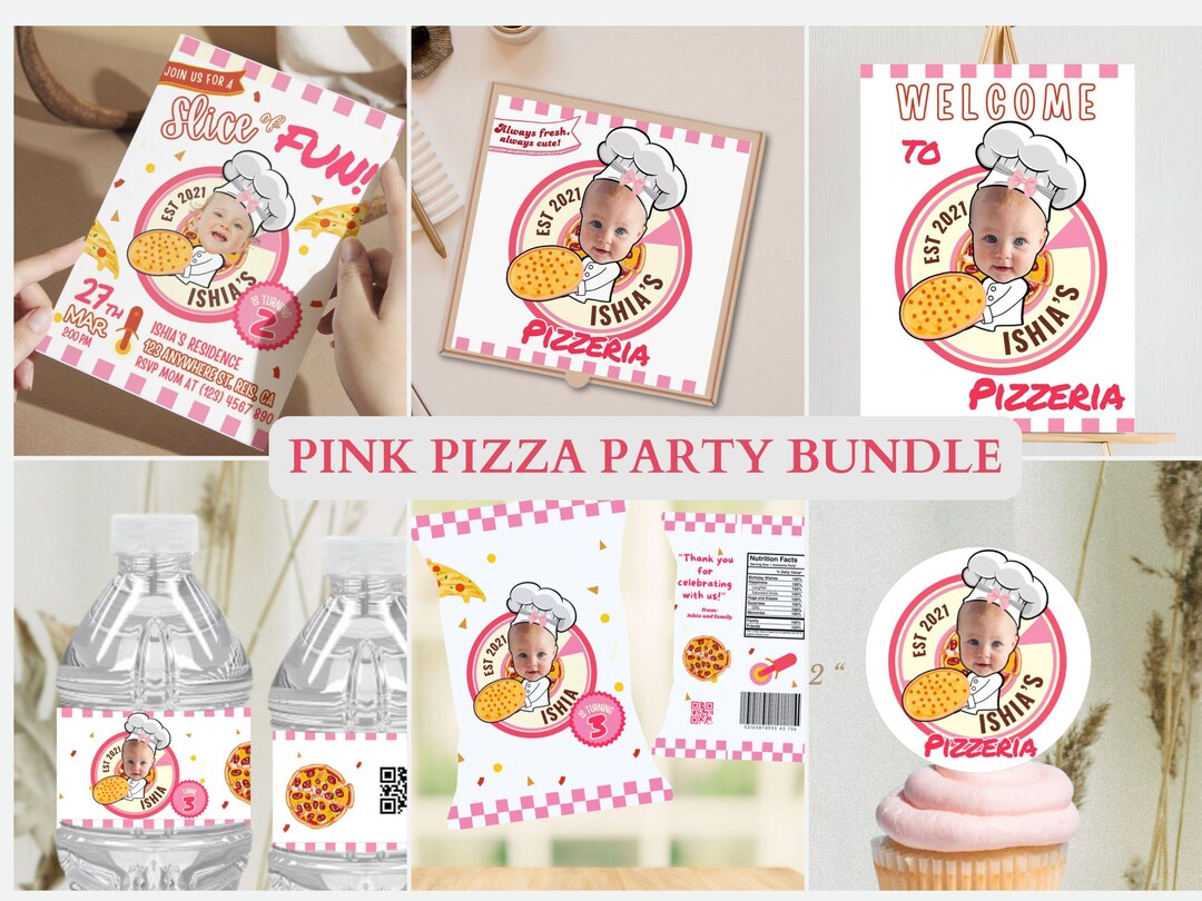 Pink Pizza Birthday Invitation Bundle Pizza 1st Birthday Party Bundle ...