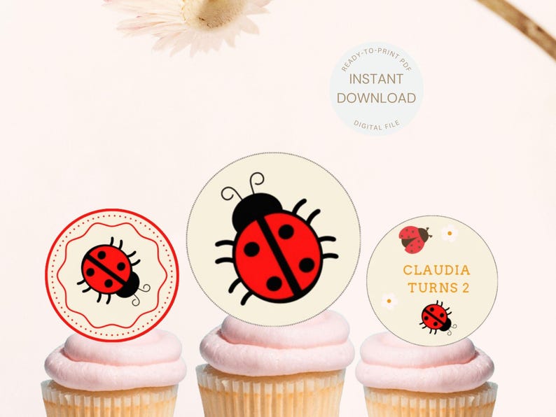 Cute Ladybug Daisy Cupcake Toppers - Digital Download - Editable Lady ...