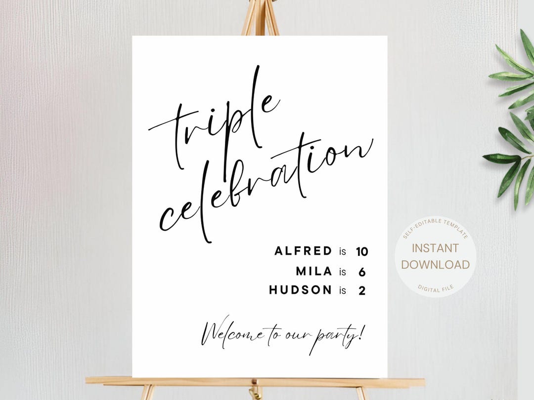 Triple Celebration Welcome Sign Minimalist , Three Kids Birthday Decor ...