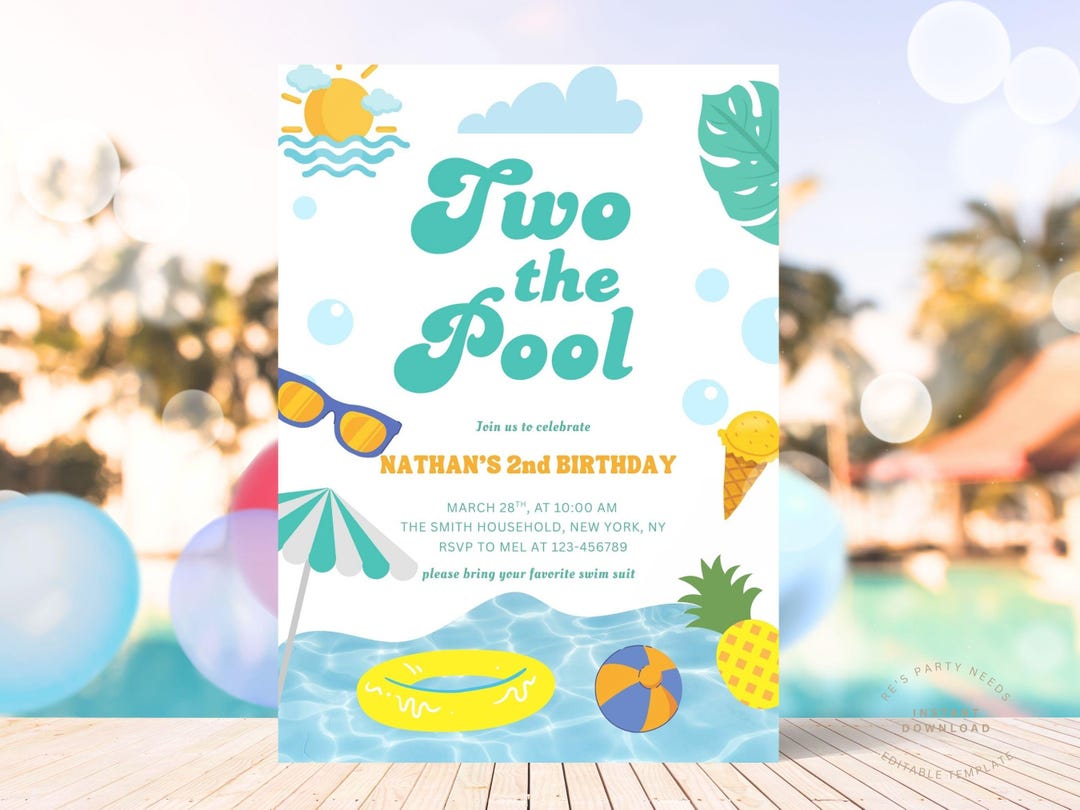 Two the Pool Boy 2nd Birthday Party Invitation Editable Tropical Summer ...
