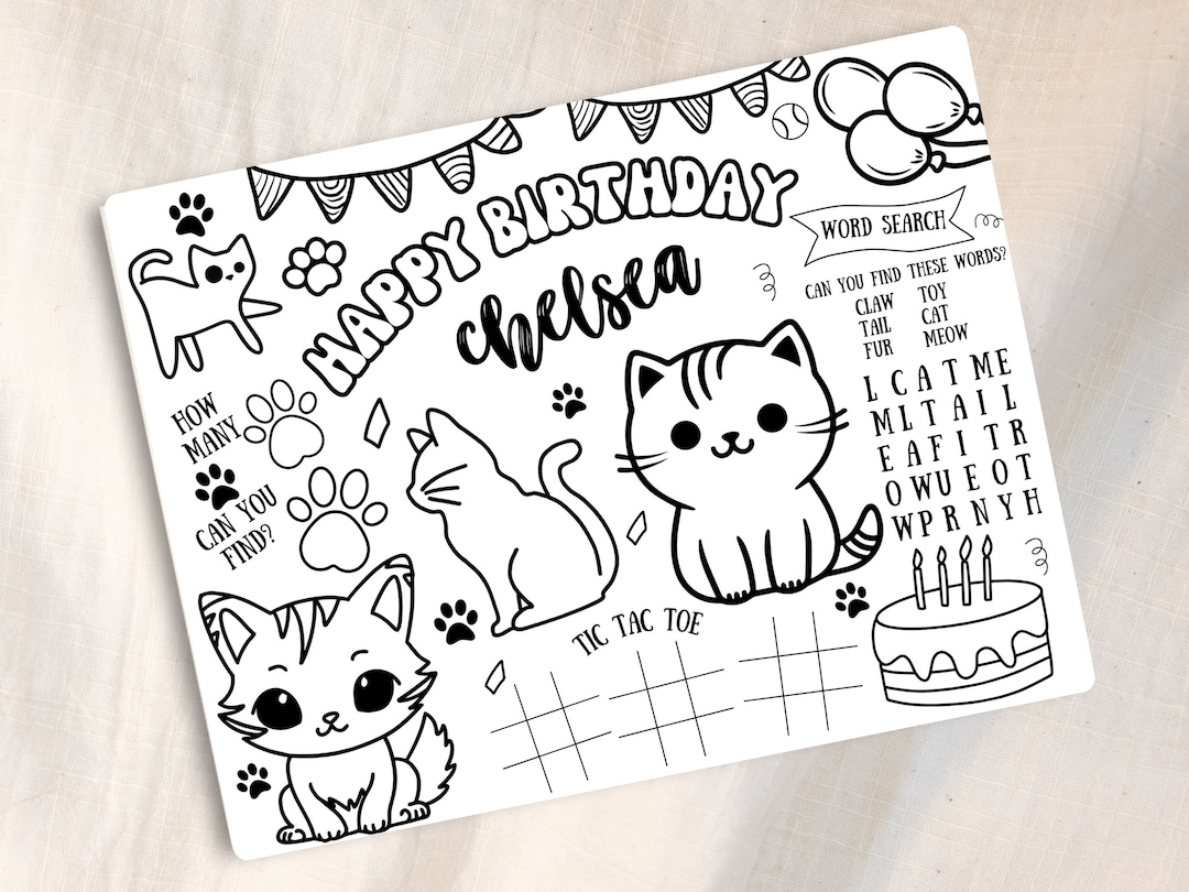 Personalized Cat Activity Sheet, Cat Theme Placemats, Cat Coloring Page ...