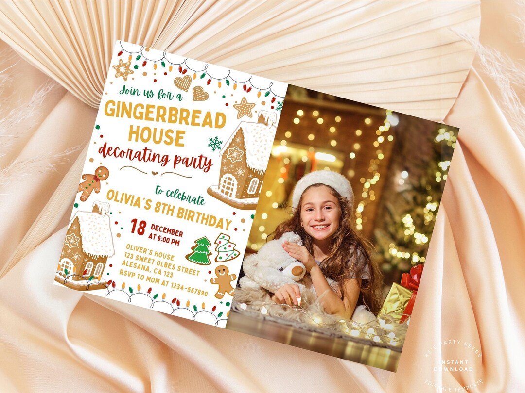 Editable Gingerbread House Birthday Photo Invitation, Christmas Cookie ...