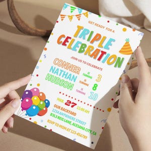 TRIPLE CELEBRATION Birthday Invitatio, Three Kids Birthday Invitation ...
