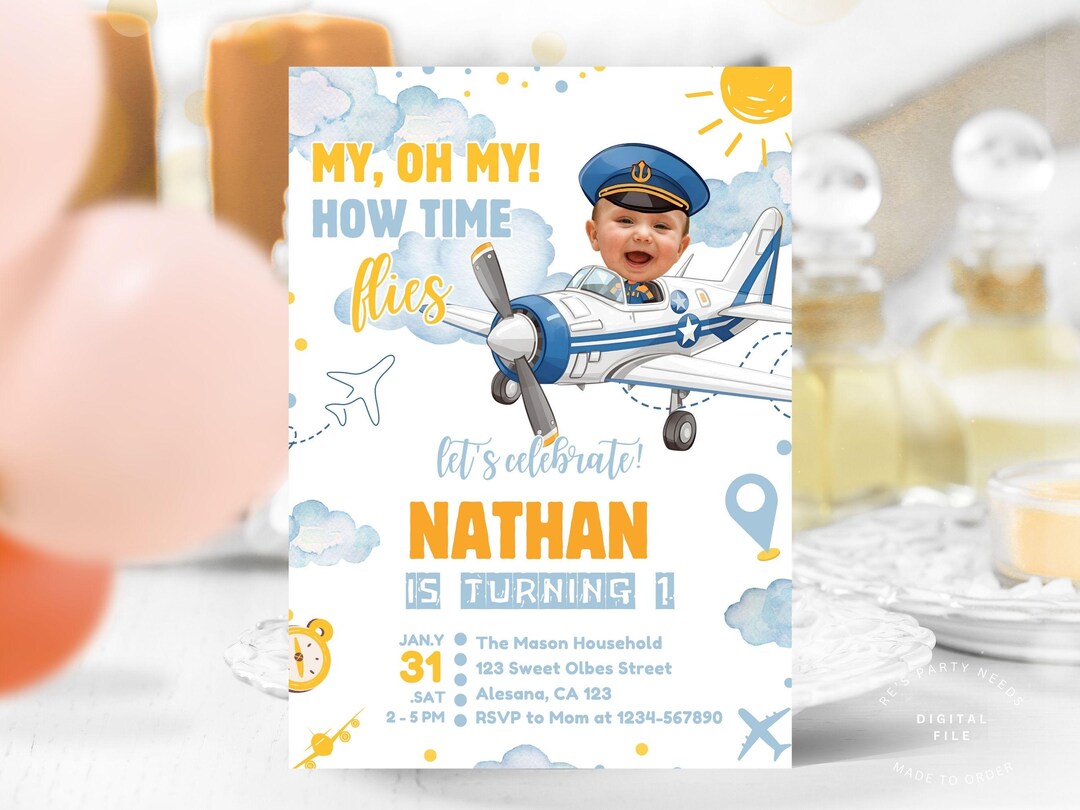 Custom Pilot Face Airplane Birthday Invitation Any Age, First Flight ...