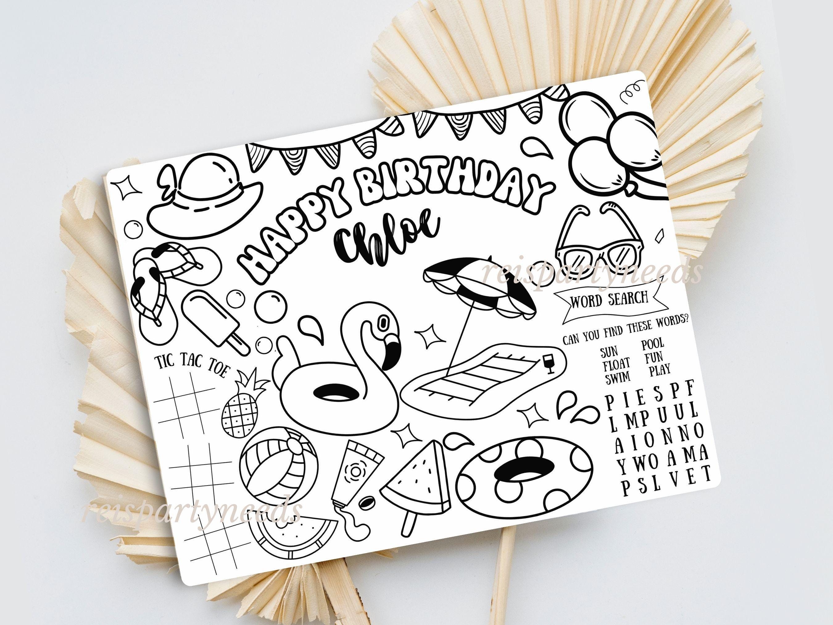 Custom Pool Party Colouring Page Activity Sheet Placemat Birthday Party ...
