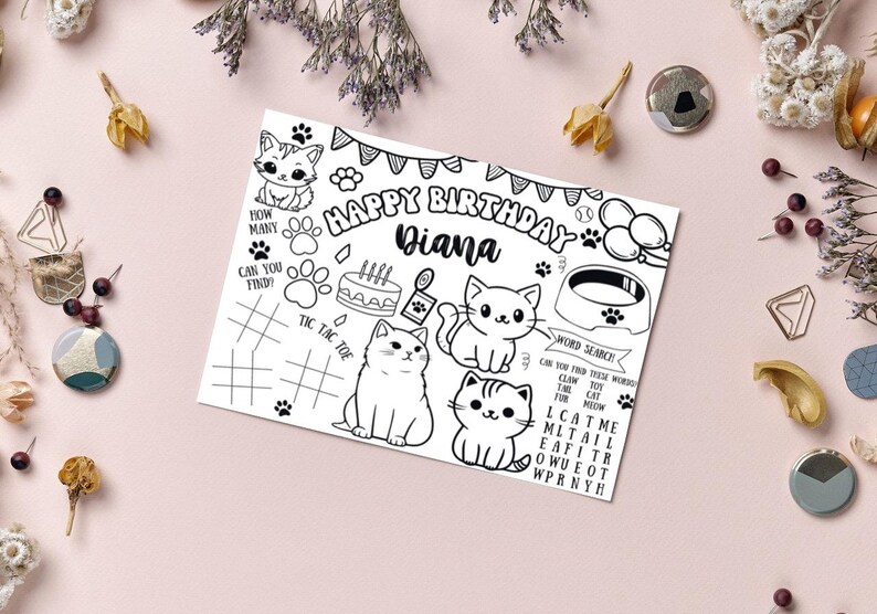 Printable Cat Activity Sheet, Cat Theme Placemats, Personalized Cat ...