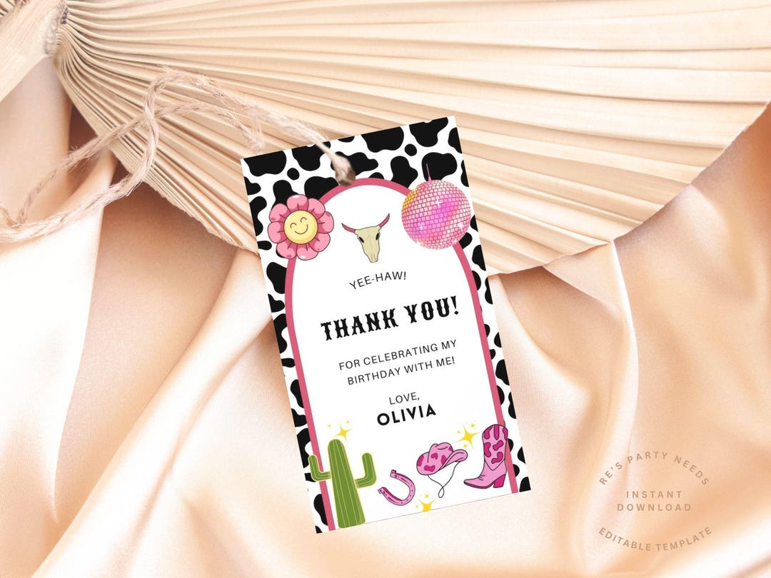 Editable Disco Cowgirl Birthday Favor Tag, Pink Groovy Cowgirl Thank ...