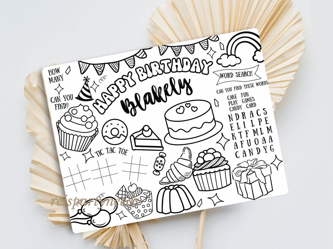 Printable Custom Name Birthday Party Coloring Placemat for Kids ...