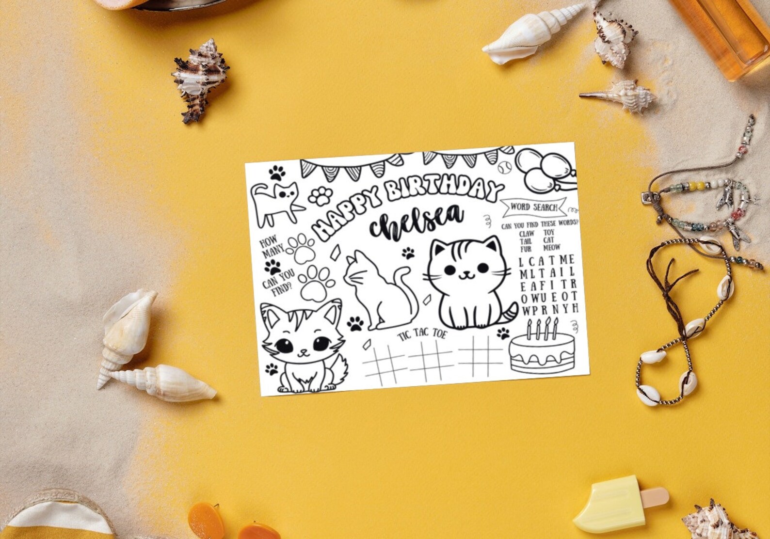 Personalized Cat Activity Sheet, Cat Theme Placemats, Cat Coloring Page ...