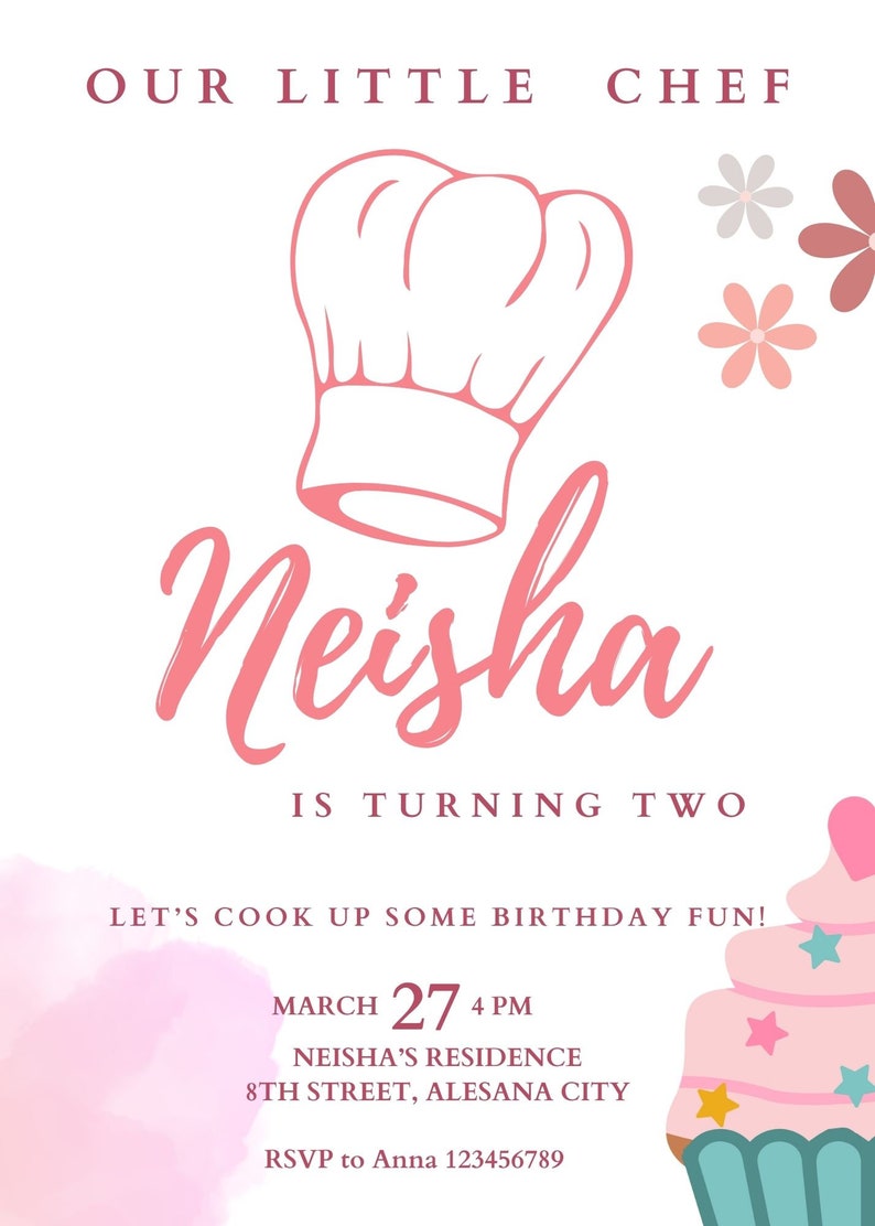 Girl Little Chef Birthday Invitation Little Chef Birthday Cute Invite ...