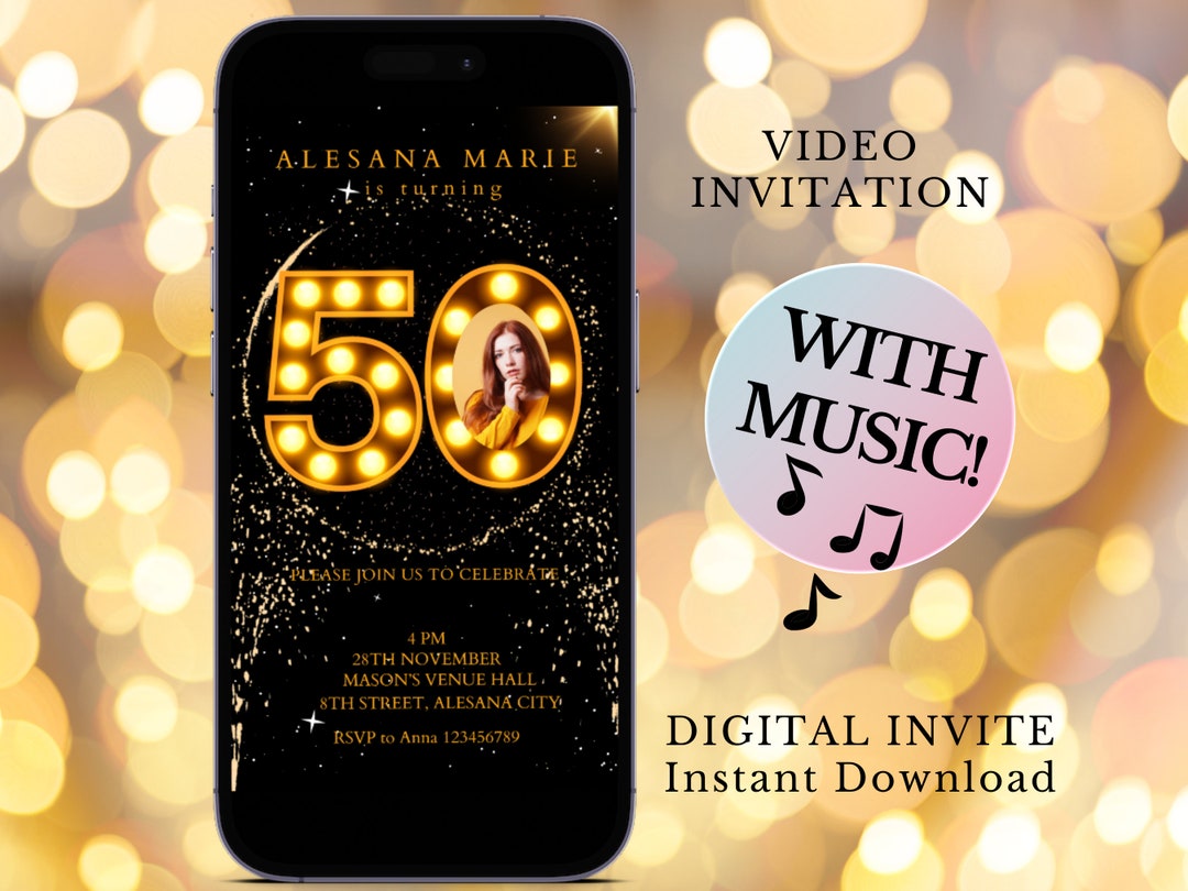 50th Birthday Party Invitation, Gold Black Digital 50th Glam Dinner ...