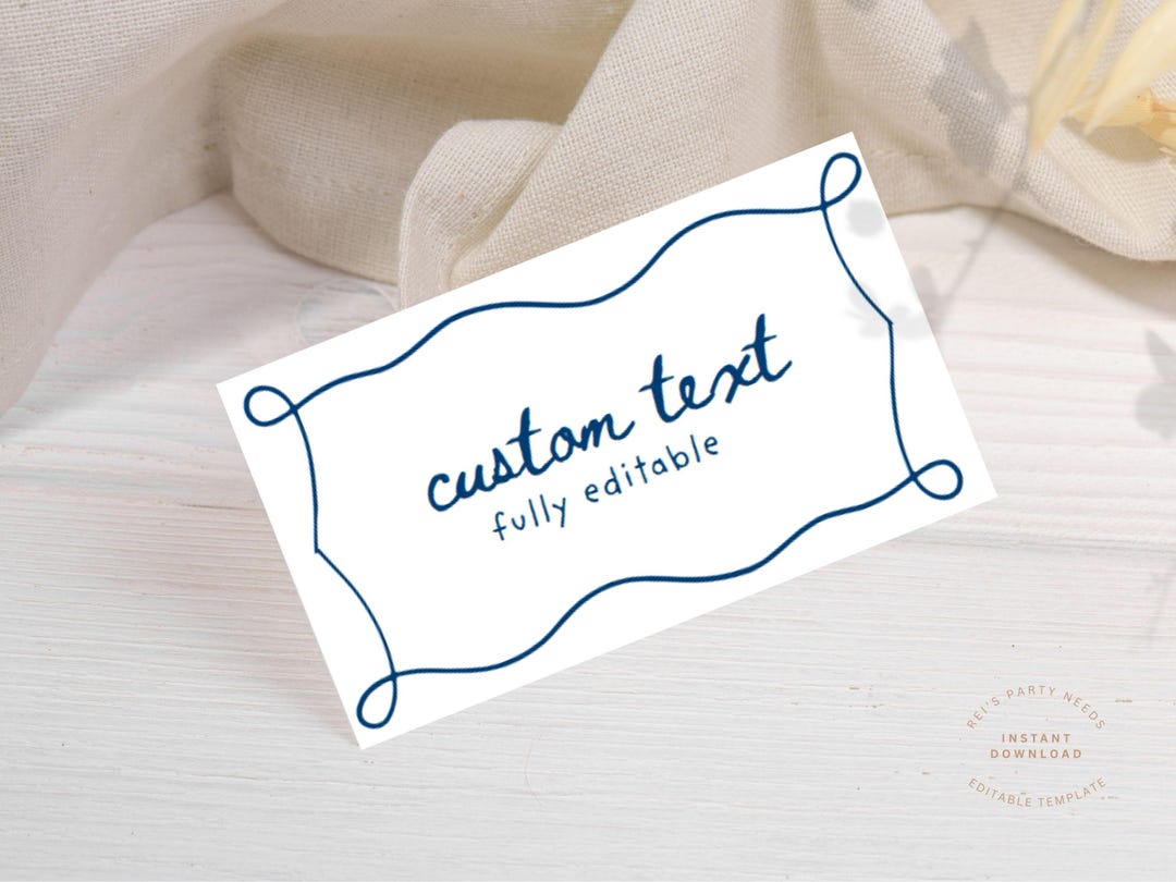 Blue Whimsical Place Card, Blue Curvy Border Buffet Labels, Table ...