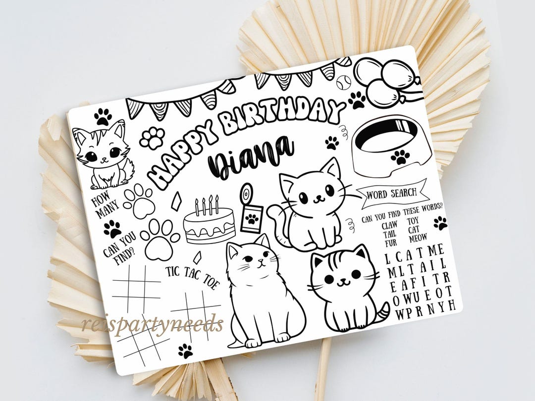 Printable Cat Activity Sheet, Cat Theme Placemats, Personalized Cat ...