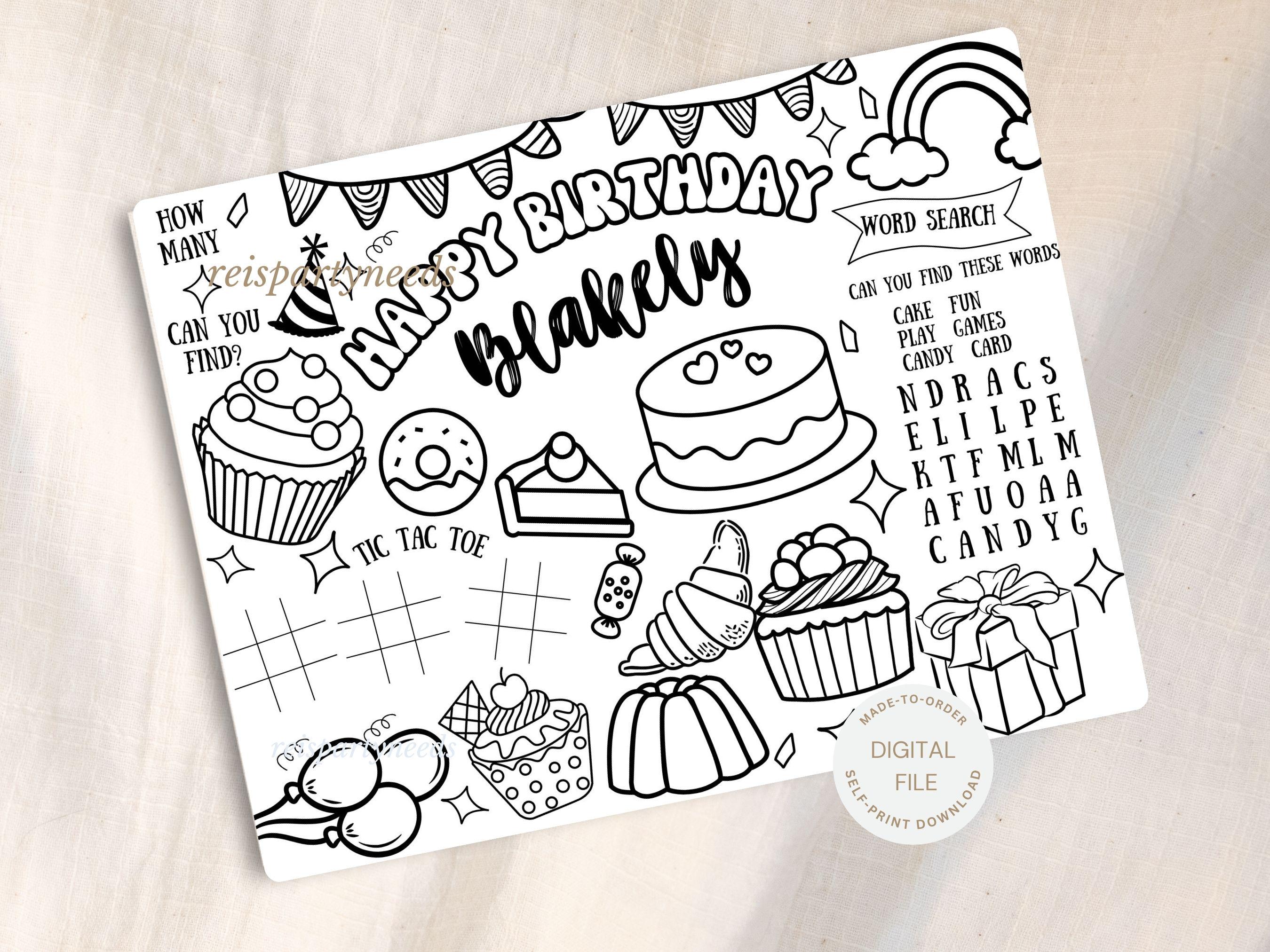 Printable Custom Name Birthday Party Coloring Placemat for Kids ...